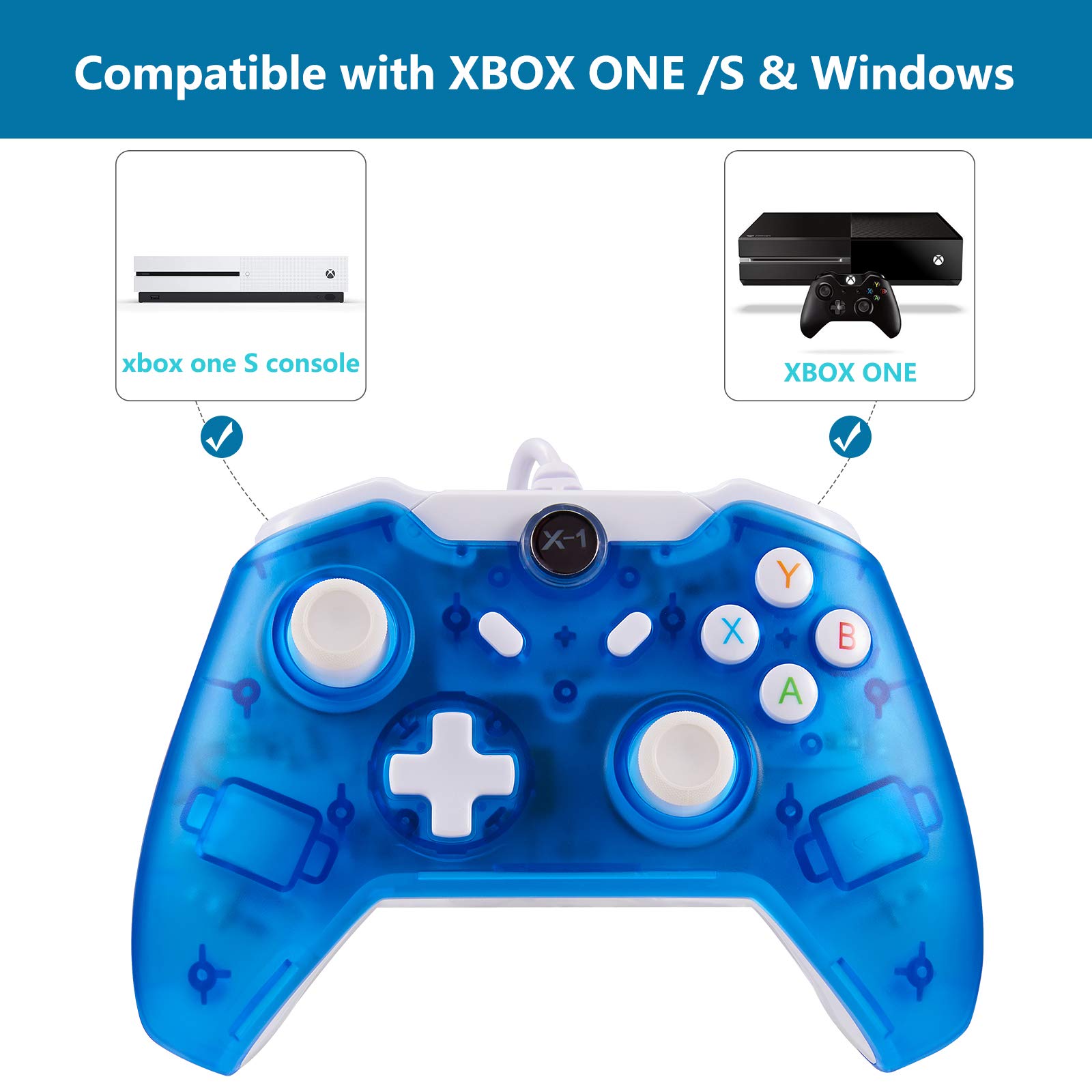 MODESLAB Wired USB Controller for Xbox One, Xbox 1s Controller Joystick Game pad Remote Compatible with Xbox One Console PC Windows 7/8/ 10 with Vibration LED Flicker - Blue