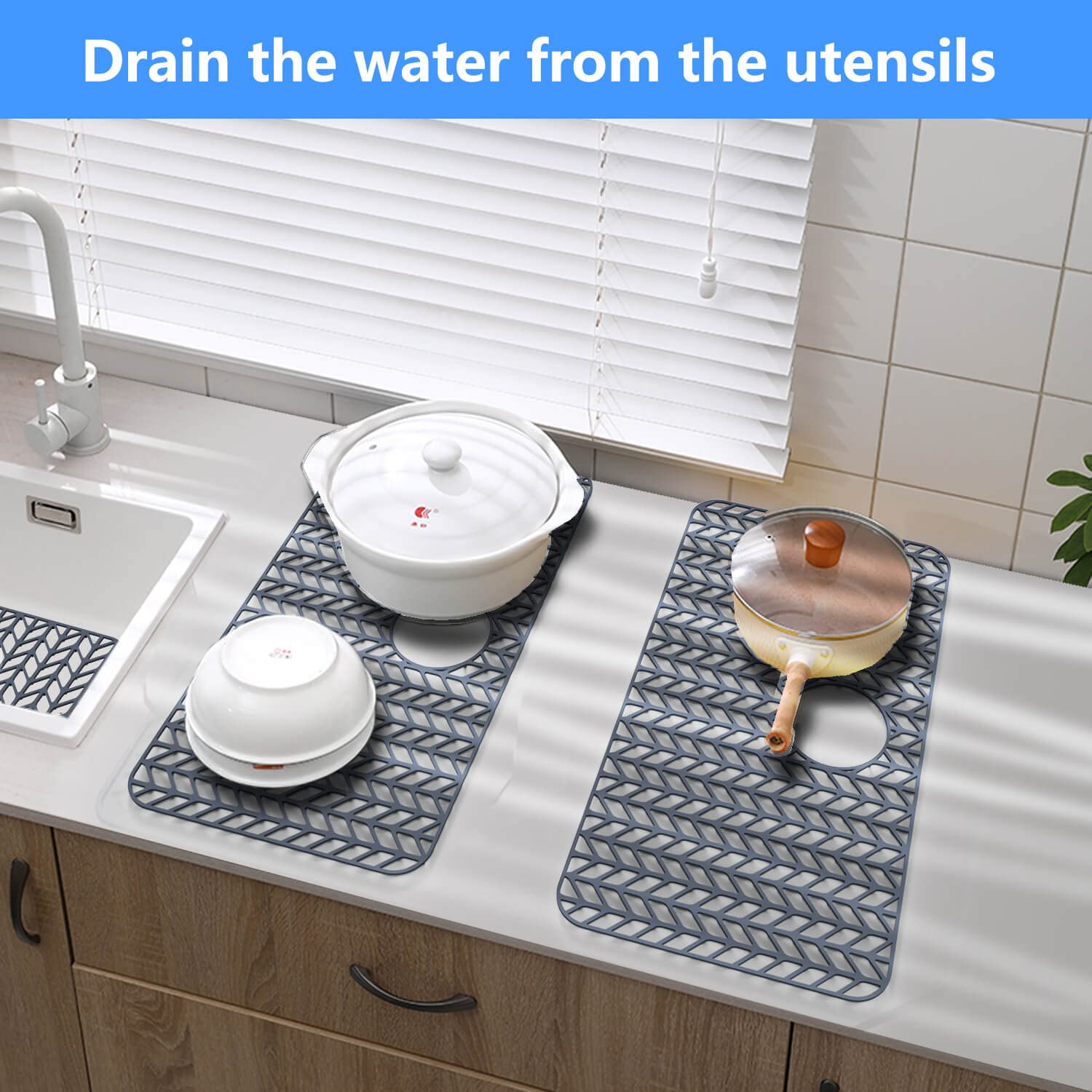 Silicone Sink Mat 26βx14β, JIUBAR sink protectors for kitchen sink,silicone sink mat,Sink Mat Grid for Bottom of Farmhouse Stainless Steel Porcelain Sink with Rear Drain.(Grey)
