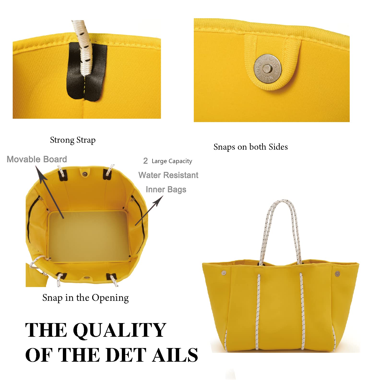 Oversized Neoprene Beach Bag, Tote Bag for Travel, Fitness, Swimming and Beach Vacations (Yellow)