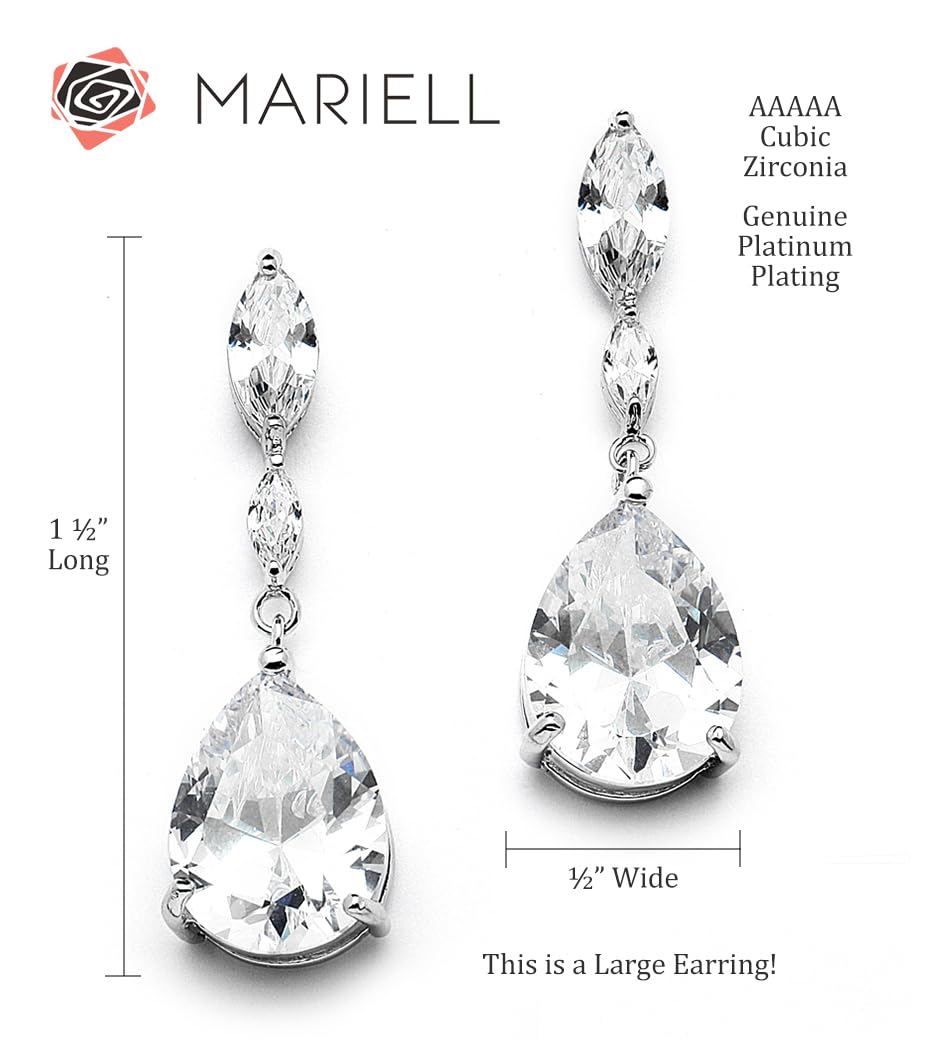 Mariell Cubic Zirconia Crystal Teardrop Dramatic Size Dangle Bridal Earring with Platinum Plating for Wedding, Bridesmaid, Prom Jewelry Gift