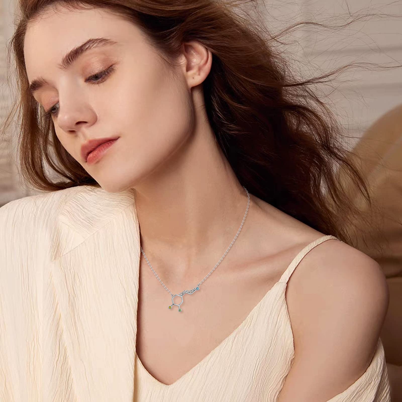 LUHE Serotonin Molecule Necklace, Caffeine Molecule Necklace Sterling Silver Science Jewelry for Women Ideal Necklaces for Teacher Professor Chemistry Grad and Science Lovers