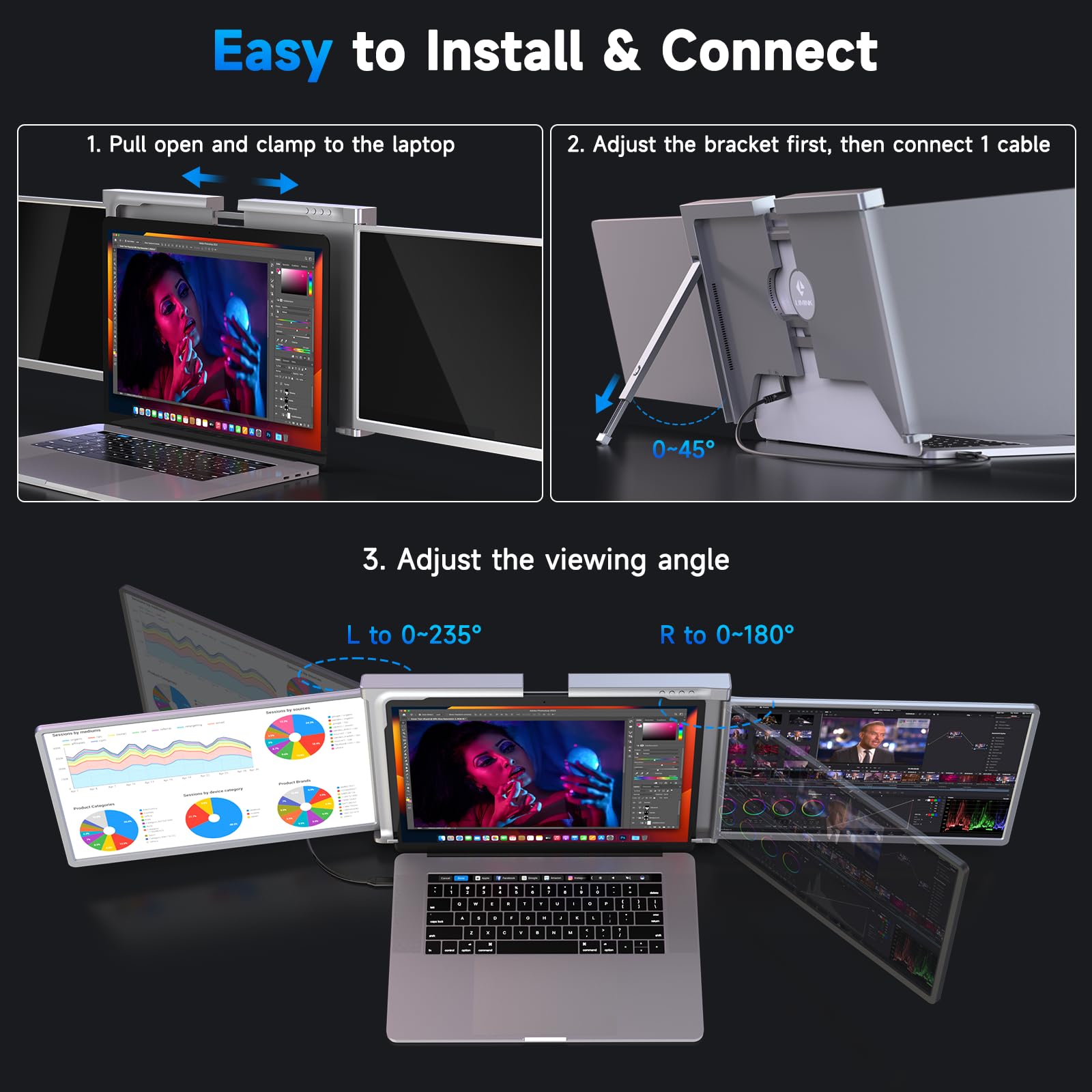LIMINK 14" Triple Portable Monitor with 1 Cable Connect, S500 Laptop Screen Monitor Extender, 1200P USB A C Frameless Tri-Screen Compatible for 15-17.5" Windows, MacBook Air Pro, Include M1 & M2 Chip
