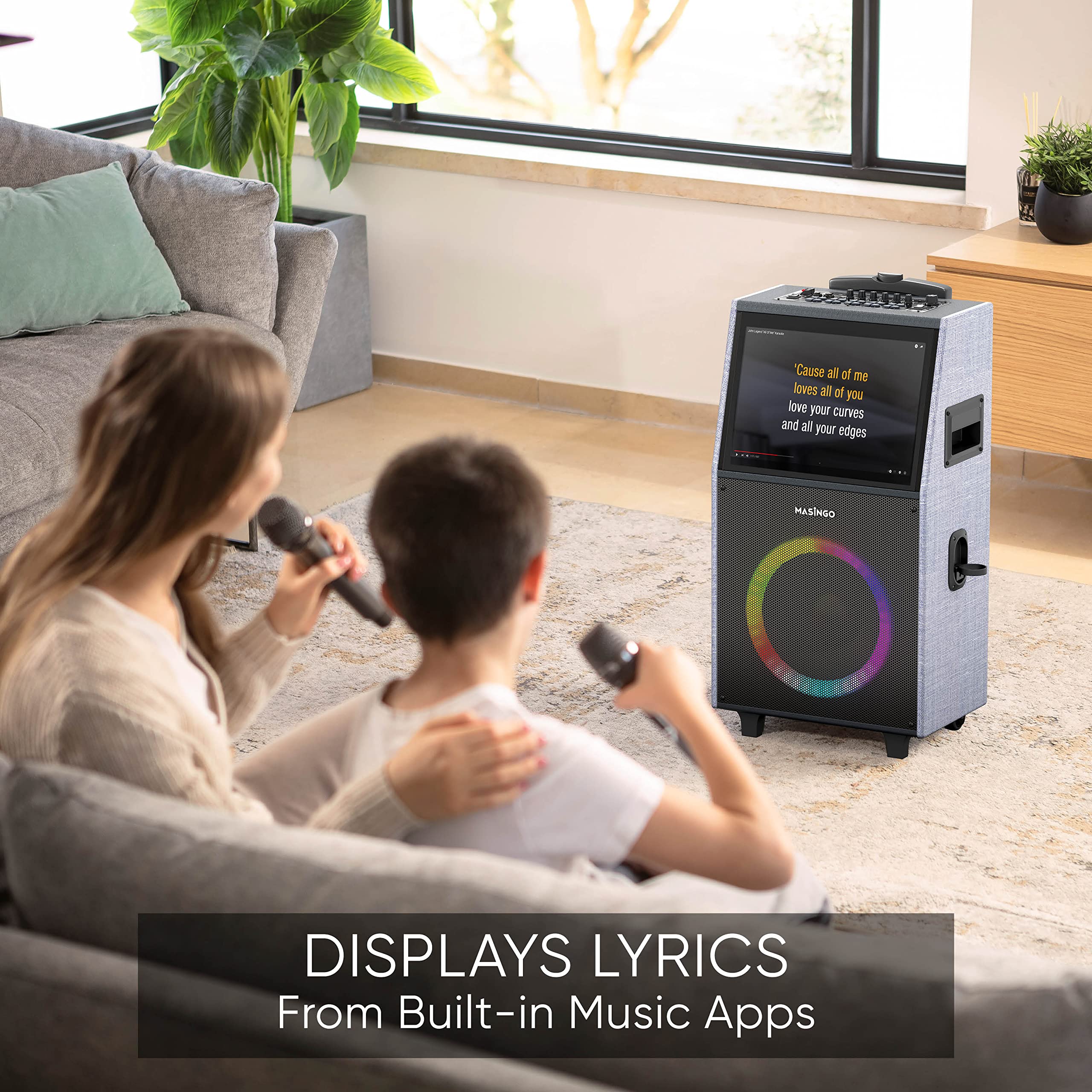MASINGO Professional Karaoke Machine with Lyrics Display Screen + 2 Wireless Microphones, Bluetooth Portable PA Speaker with Built-in 15" Tablet & WiFi - Best Gift for Adults and Kids - X8 2021 Model