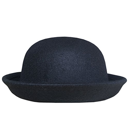 Lujuny Classic Wool Round Bowler Hats - Trendy Derby Fedora Bucket Caps with Roll-up Brim for Youth Petite (Black)