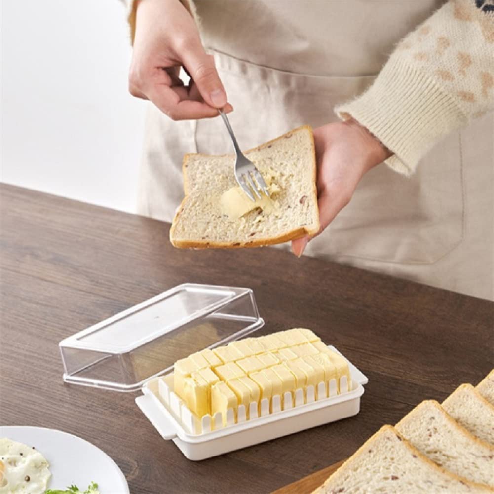 Quantitative Cutting Butter Dish, Plastic Butter Dish With Dividable Lid, Butter Airtight Preservation Container Box,Keeper Container for Freezer Countertop Butter Storage and Accurate Cutting (White)