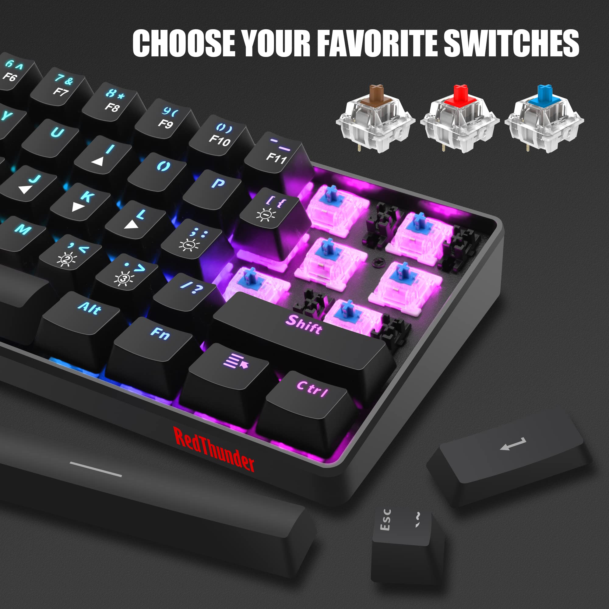 RedThunder 60% Wired Mechanical Gaming Keyboard, 61 Keys Ultra-Compact Keyboard, PBT Keycaps, RGB Backlight for PC (Blue Switch, Black)