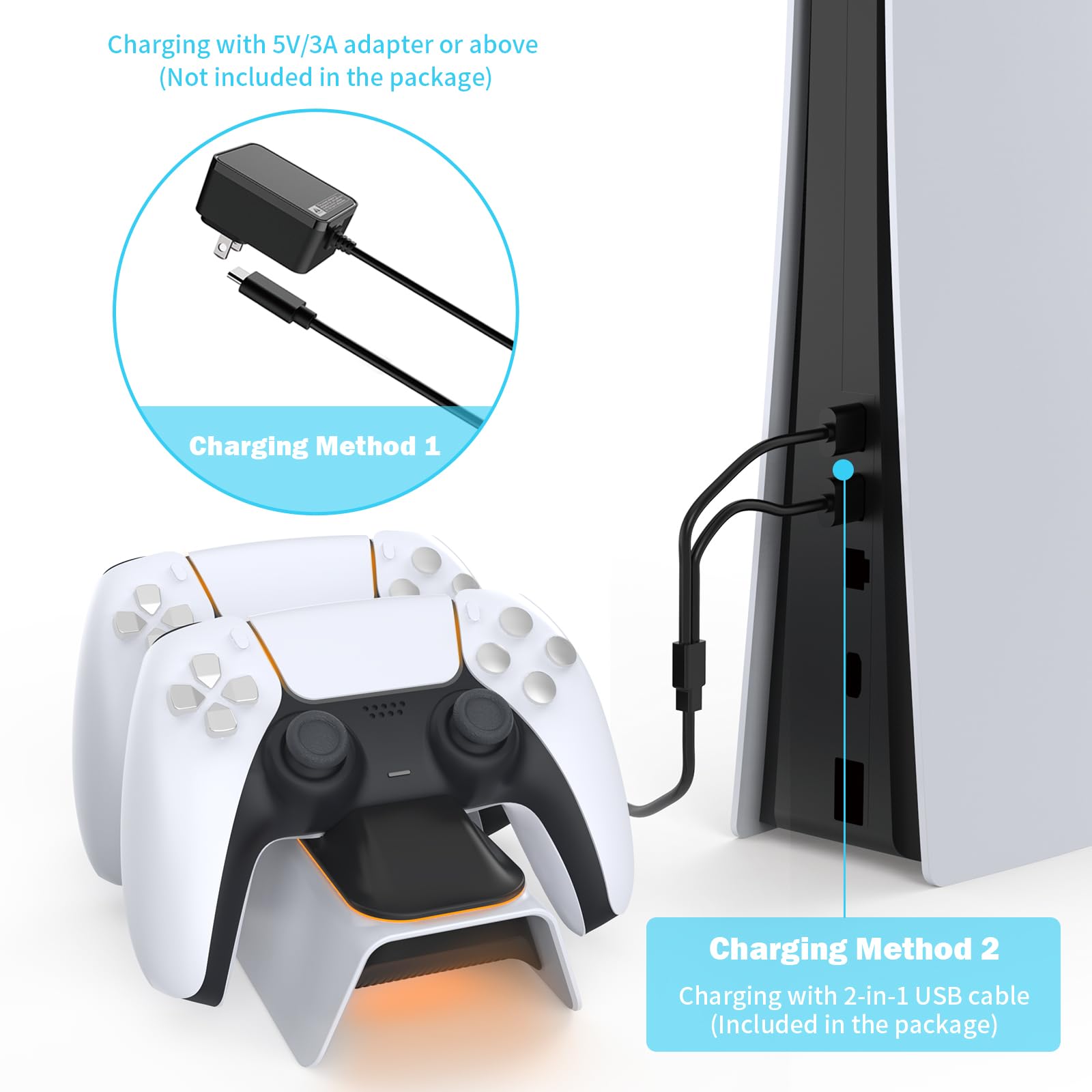NexiGo Enhanced PS5 Controller Charger, Playstation 5 Charging Station with LED Indicator, High Speed, Fast Charging Dock for Sony DualSense Controller, White