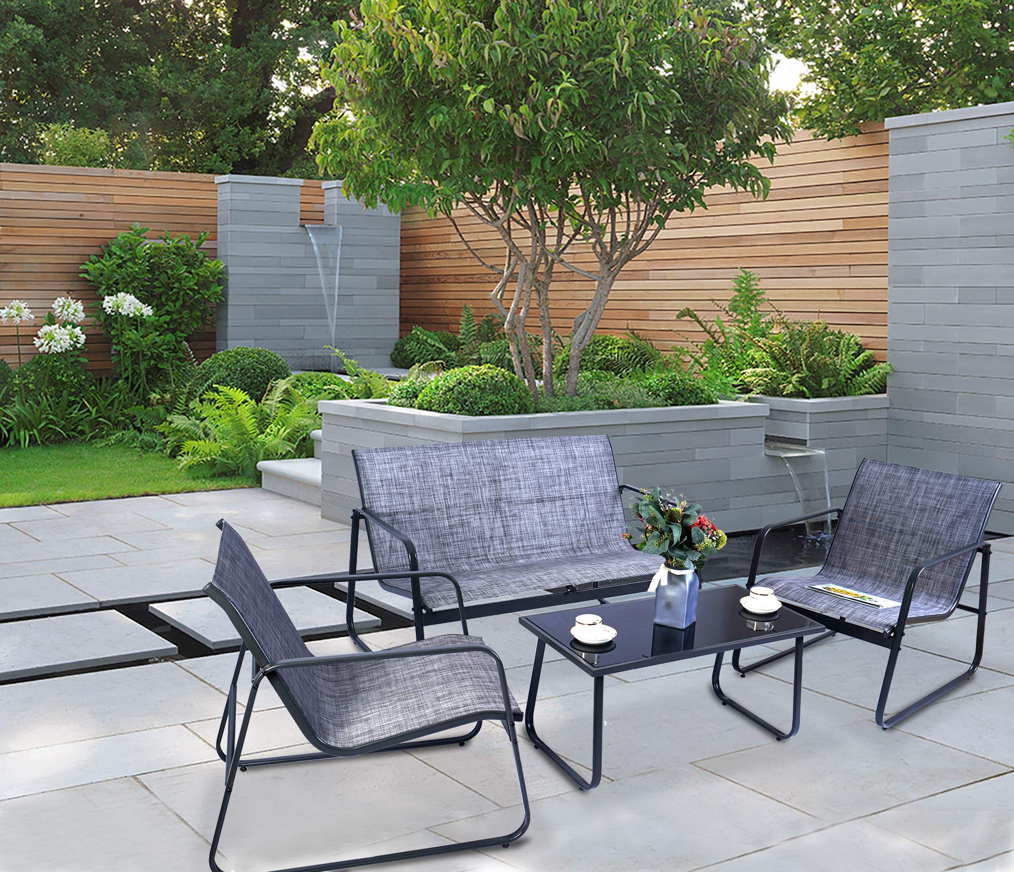 Kozyard Sofia 4 Pieces Outdoor Patio Furniture Conversation Set with Strong Powder Coated Metal Frame, One Love Seat, Two Single Chairs and One Table for Front Porch Balcony Backyad (Gray)