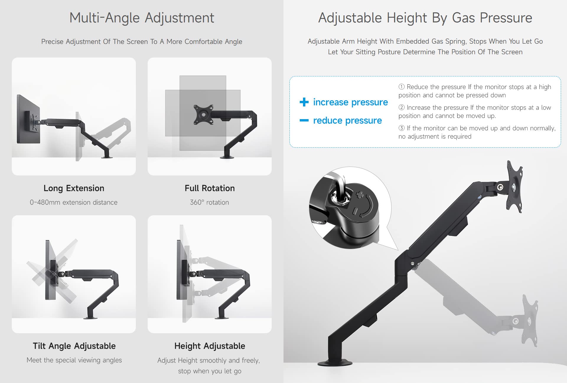 Waveshare Gas Spring Monitor Arm for 17~30 Inch Display Monitor, Height Adjustment, Supports Multi-Angle Rotation and Expansion