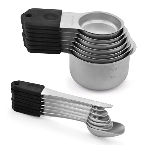 Magnetic Measuring Cups and Spoons Set, Stainless Steel Metal Stackable Nesting Measure Cups,Teaspoon, Tablespoon, 14 Pcs Silicone Handle Kitchen Cooking & Baking Tools