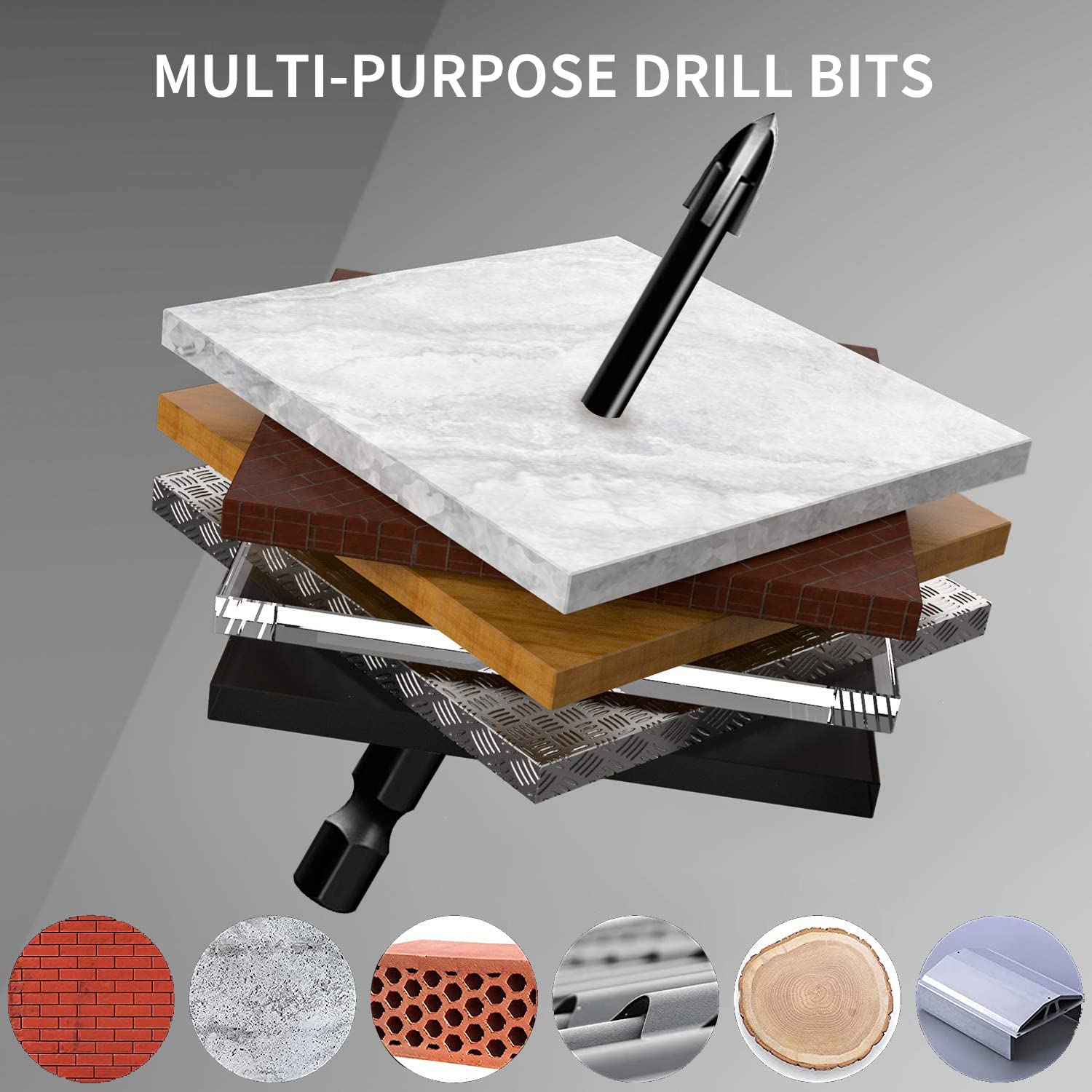 Masonry Drill Bit Set 6 Pcs, Concrete Drill Bit for Glass, Brick, Cement, Concrete, Plastic, Wood, Tile, Industrial Strength Tungsten Carbide Tip, Hexagon Shank, Cross Triangle, 1/4-1/2 inch