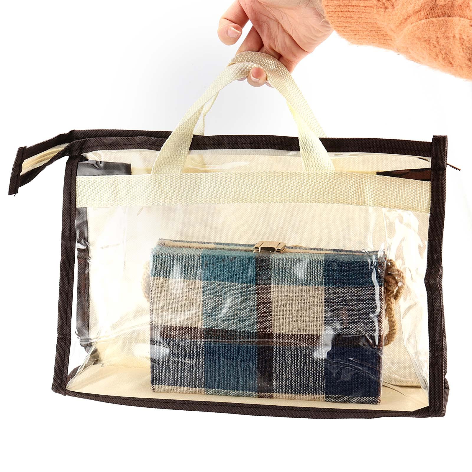 TAICHEUT 18 Pack 3 Sizes Clear Handbag Storage, Clear Purse Protector Bag with Zipper and Handle Purse Storage Dust Bags for Closet, Beige and Clear