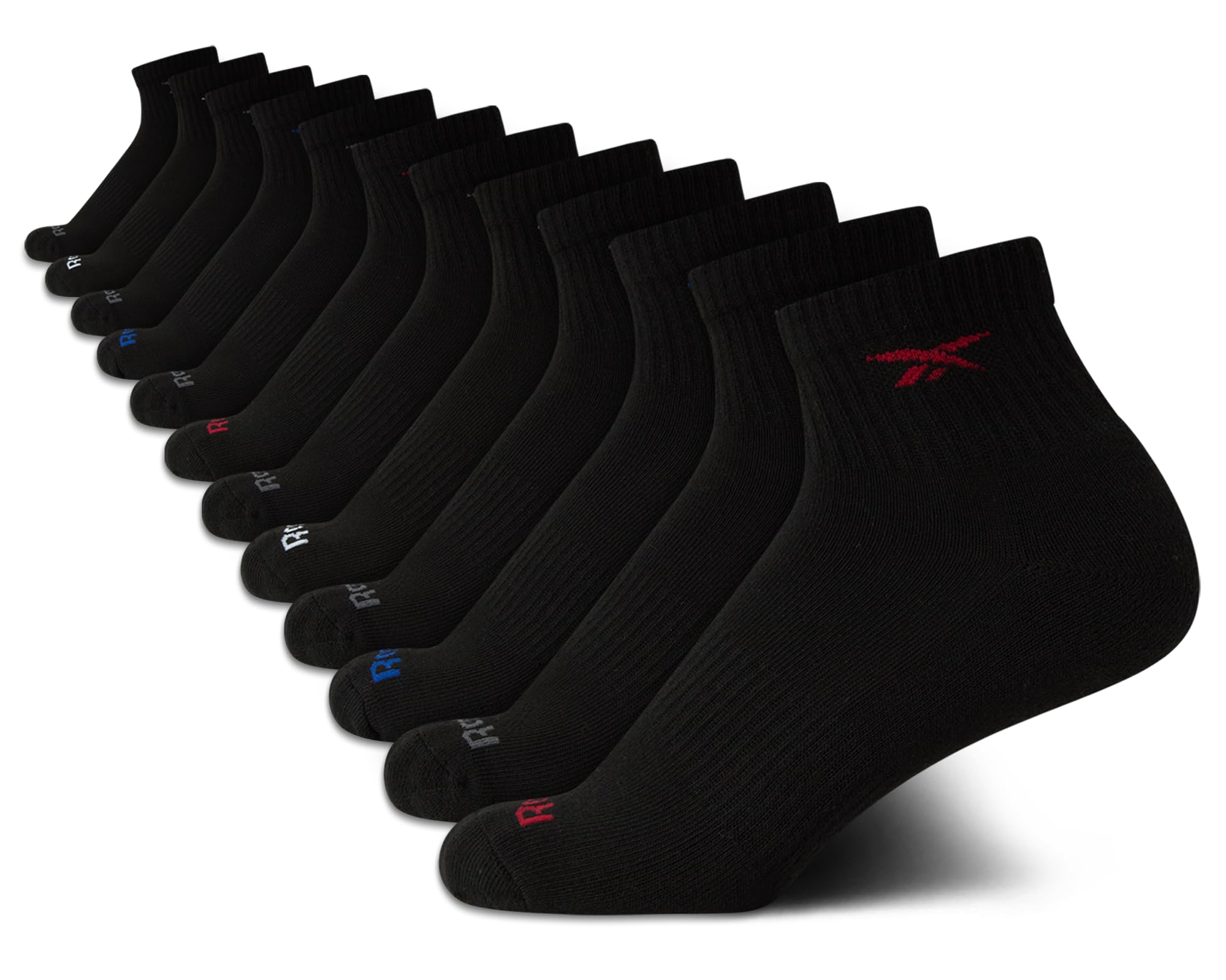 Reebok Boys' Quarter Socks - 12 Pack Stretch Performance Quarter Cut Arch Support Socks - Cushioned Athletic Socks for Boys, Size Large, Black