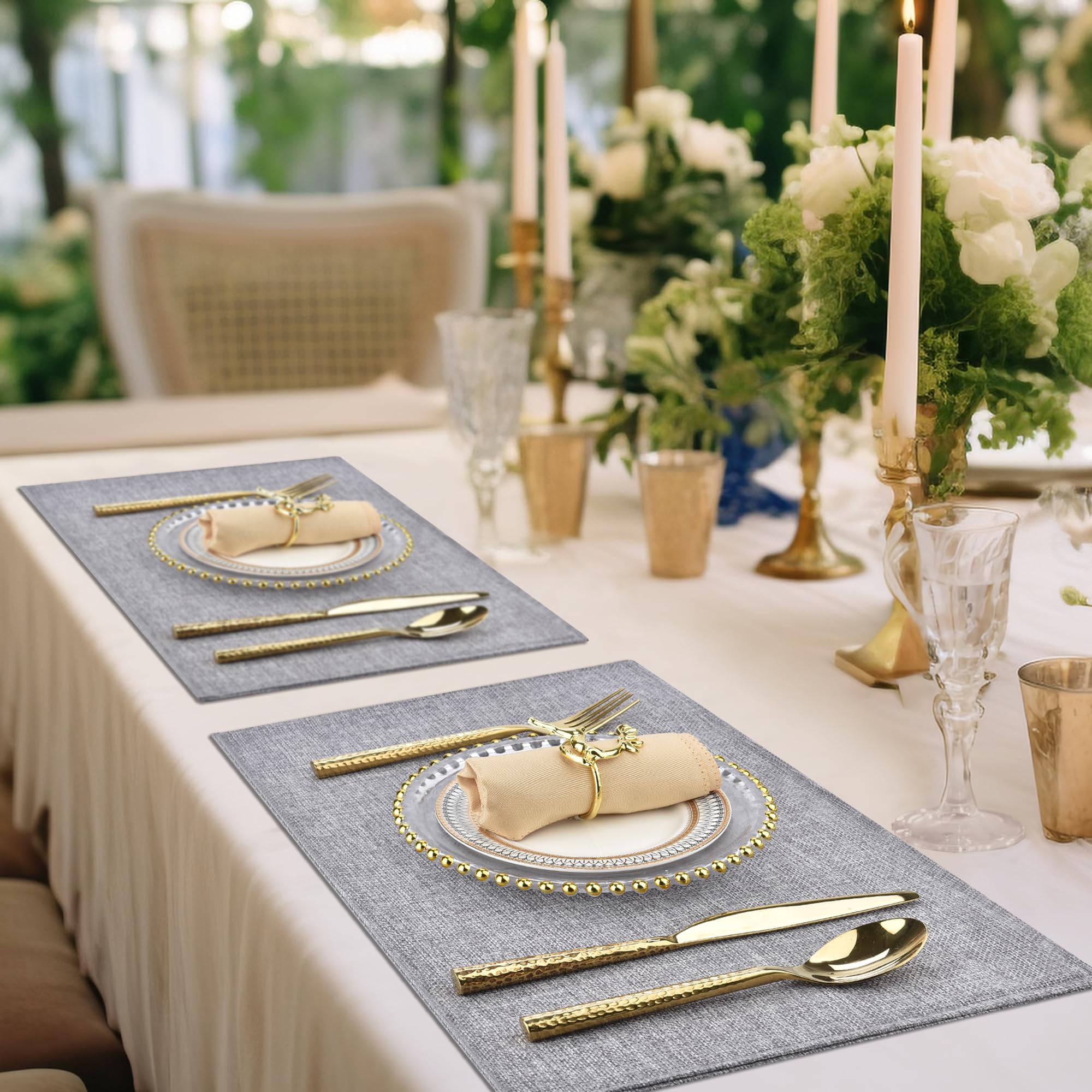 SLKQG Cloth Placemats Set of 6 - Double Thickened Easy to Clean Linen Style Fabric Placemats - Machine Washable Placemats- Heat Resistant Non-Slip Table Mats - 18x12 Inch (Smoke Gray, 6)
