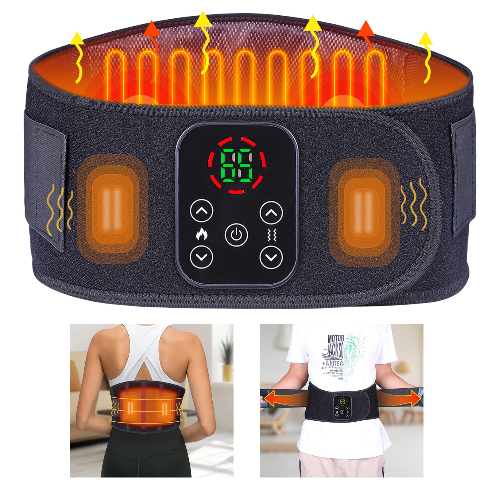 TUOYR Heating Belt for Back Pain Relief with Massager Cordless Portable Heating Therapy Pad for Cramps Vibration Massage Heat Belly Wrap for Lumbar with USB Rechargeable Removable Power Supply