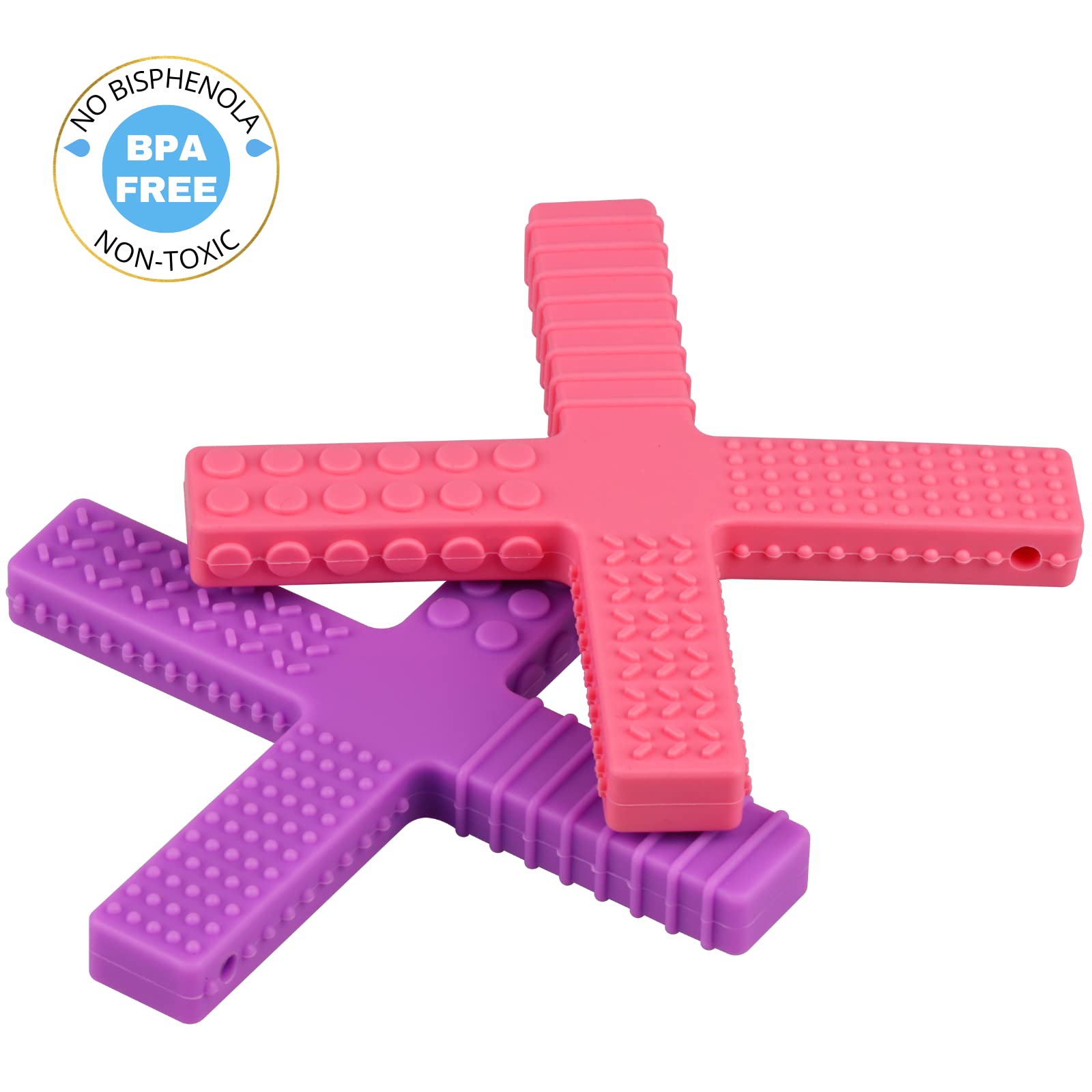 Sensory Chew Toys, Pack of 2 Silicone X Teether Chewing Stick for Autistic Chewers, ADHD, SPD, Oral Motor Stimulation or Special Needs (Pink, Purple)