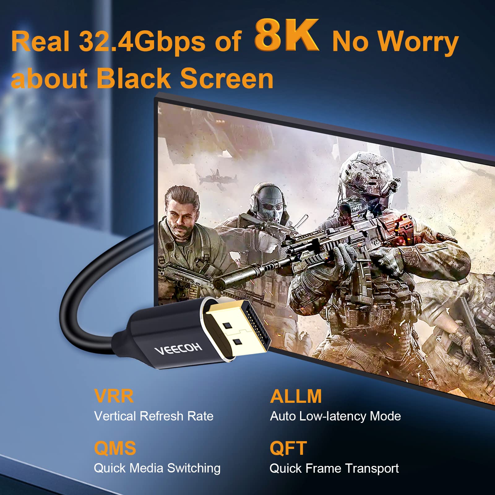 VEECOH 8K DisplayPort Cable 1.4 15FT/5M,8K@60Hz,4K@144Hz,2K@165Hz HBR3 Support 32.4Gbps,HDR,HDCP 2.2,FreeSync G-Sync,Braided Display Port for Gaming Monitor,Graphics,PC