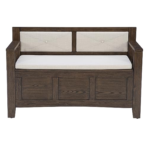 Linon Umber Brown Carlton Rustic Storage Bench with Beige Upholstered Back and Cushioned Seat