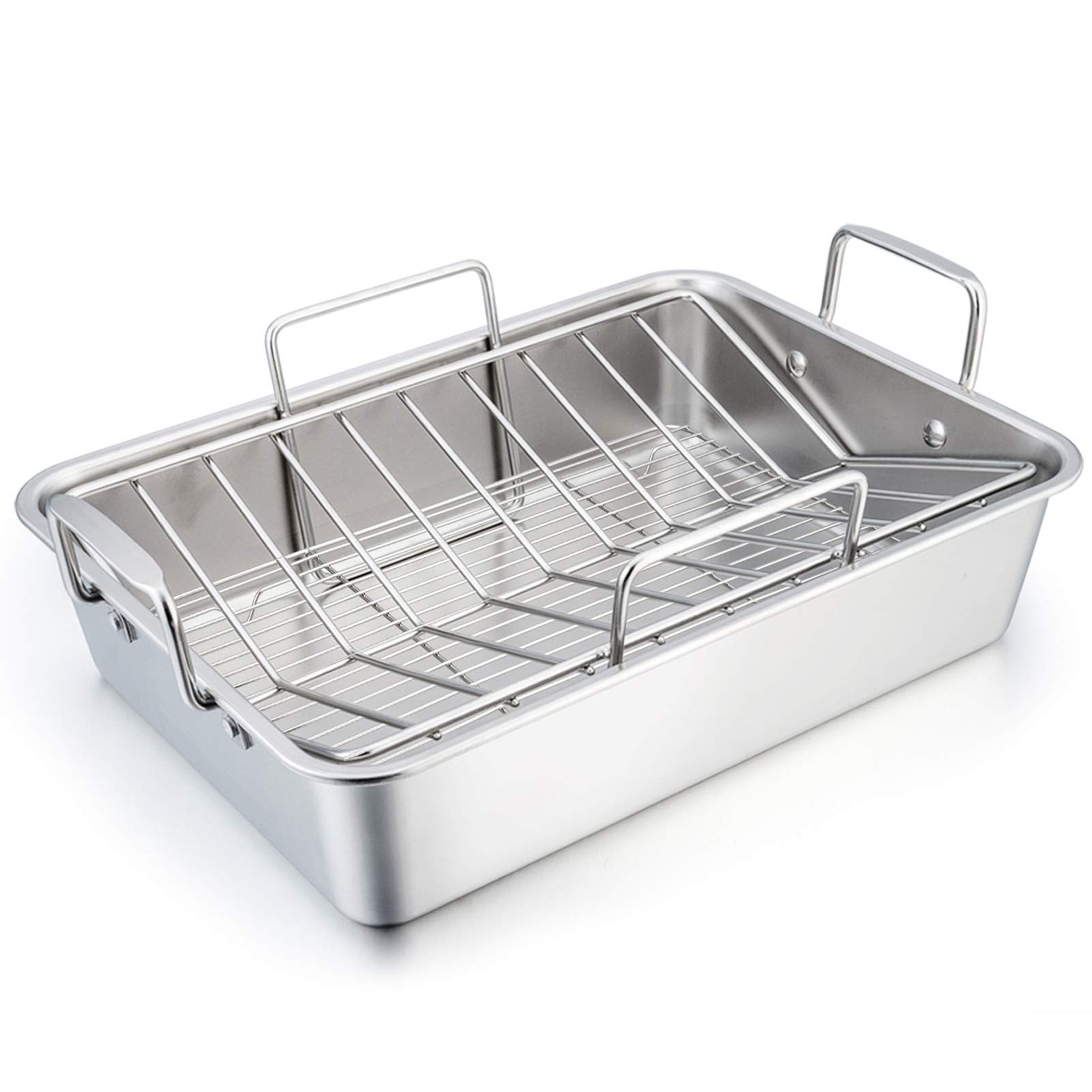 TeamFar Roasting Pan, 15 Inch Large Turkey Roaster Lasagna Pan with V Rack & Cooling Rack Set Stainless Steel For Thanksgiving Christmas, Healthy & Heavy Duty, Deep Side & Dishwasher Safe - 3 PCS