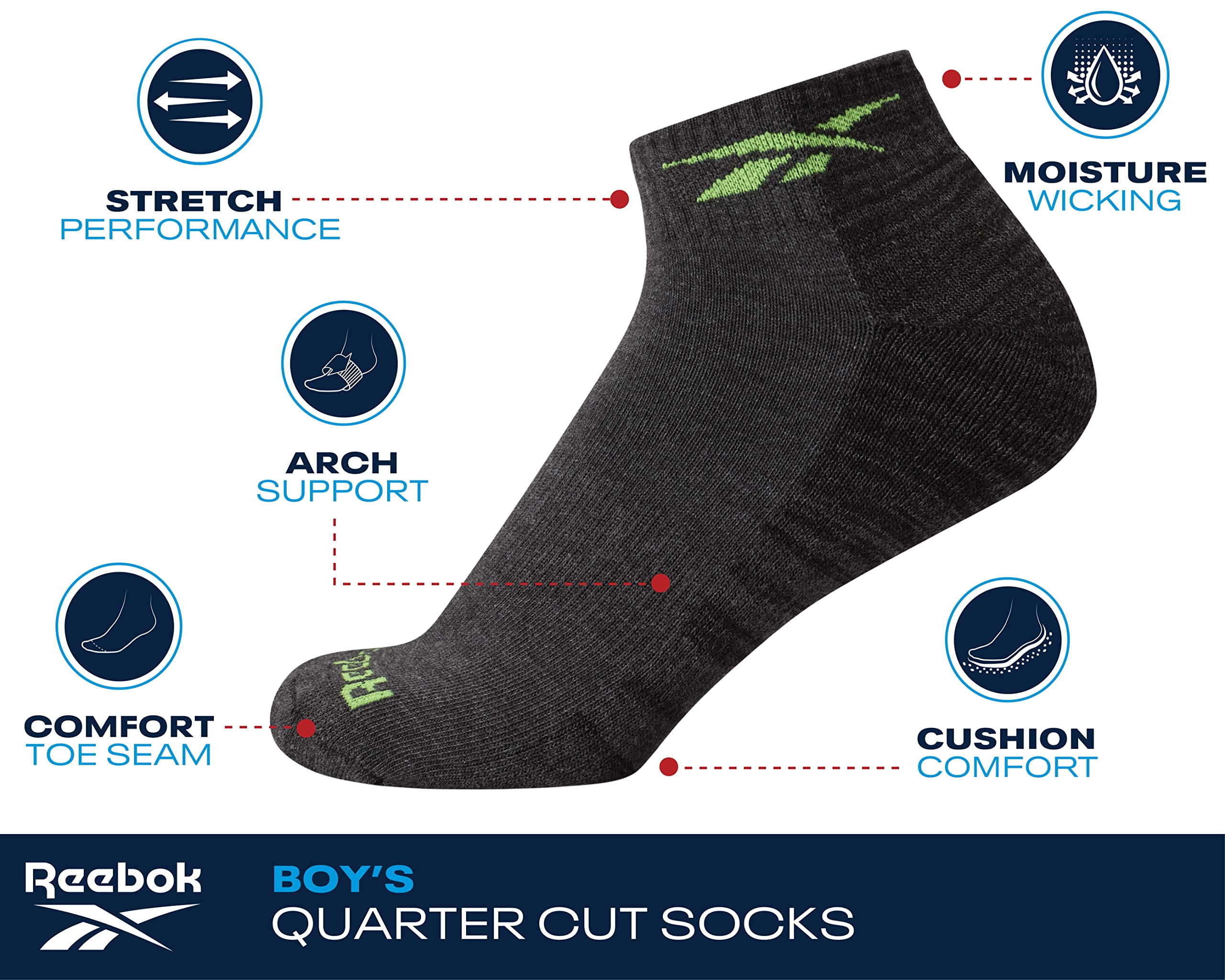 Reebok Boys' Quarter Socks - 6 Pack Stretch Performance Quarter Cut Arch Support Socks - Cushioned Athletic Socks for Boys, Size Large, Black/Grey