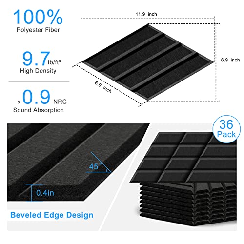Tutmyrea 36 Pack Self-adhesive Acoustic Panels, 12" X 7" X 0.4" Diamond Splice Sound Proof Wall Panels, High Density Decorative Acoustic Wall Panels for Studio Office Home, Black