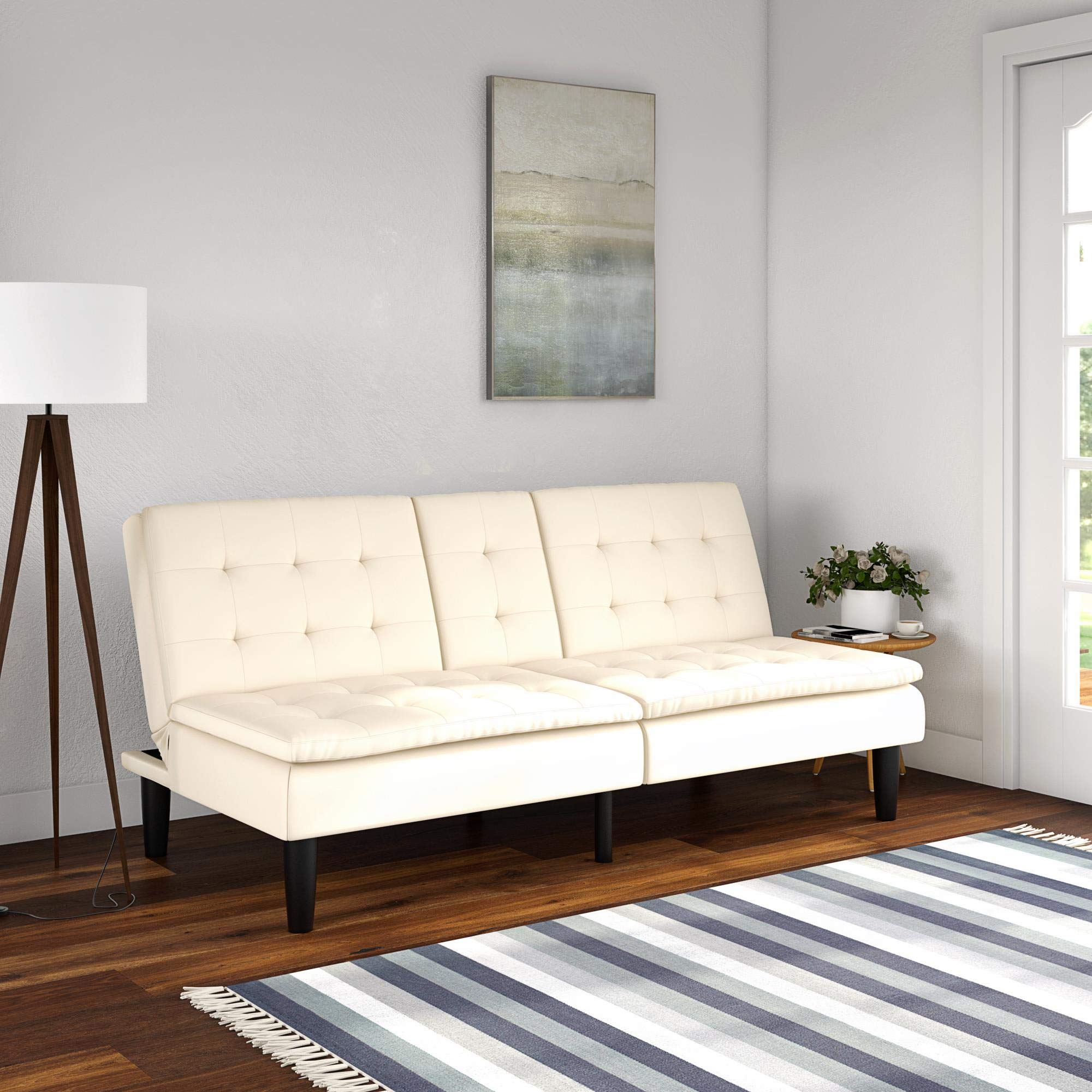 Memory Foam Faux Leather Pillowtop Futon with Cupholder, Vanilla Faux Leather Colors Ideal for Small Living Spaces