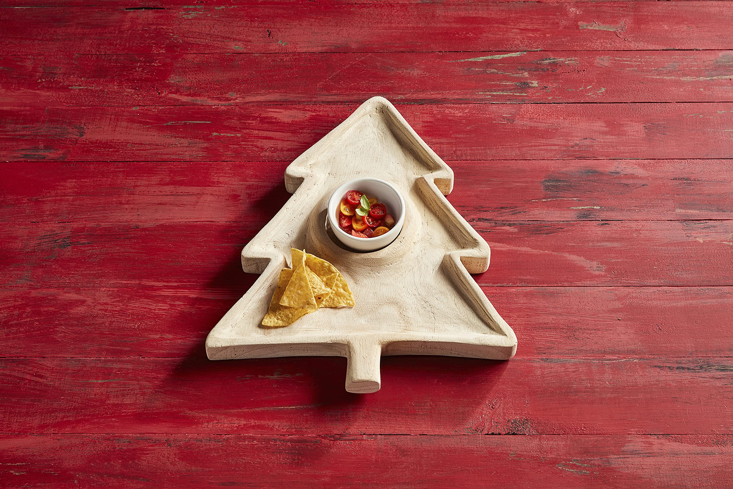 Mud Pie Paulownia Wood Christmas Tree Chip & Dip Set, 14.5" x 13", 14 1/2" x 13", Tan