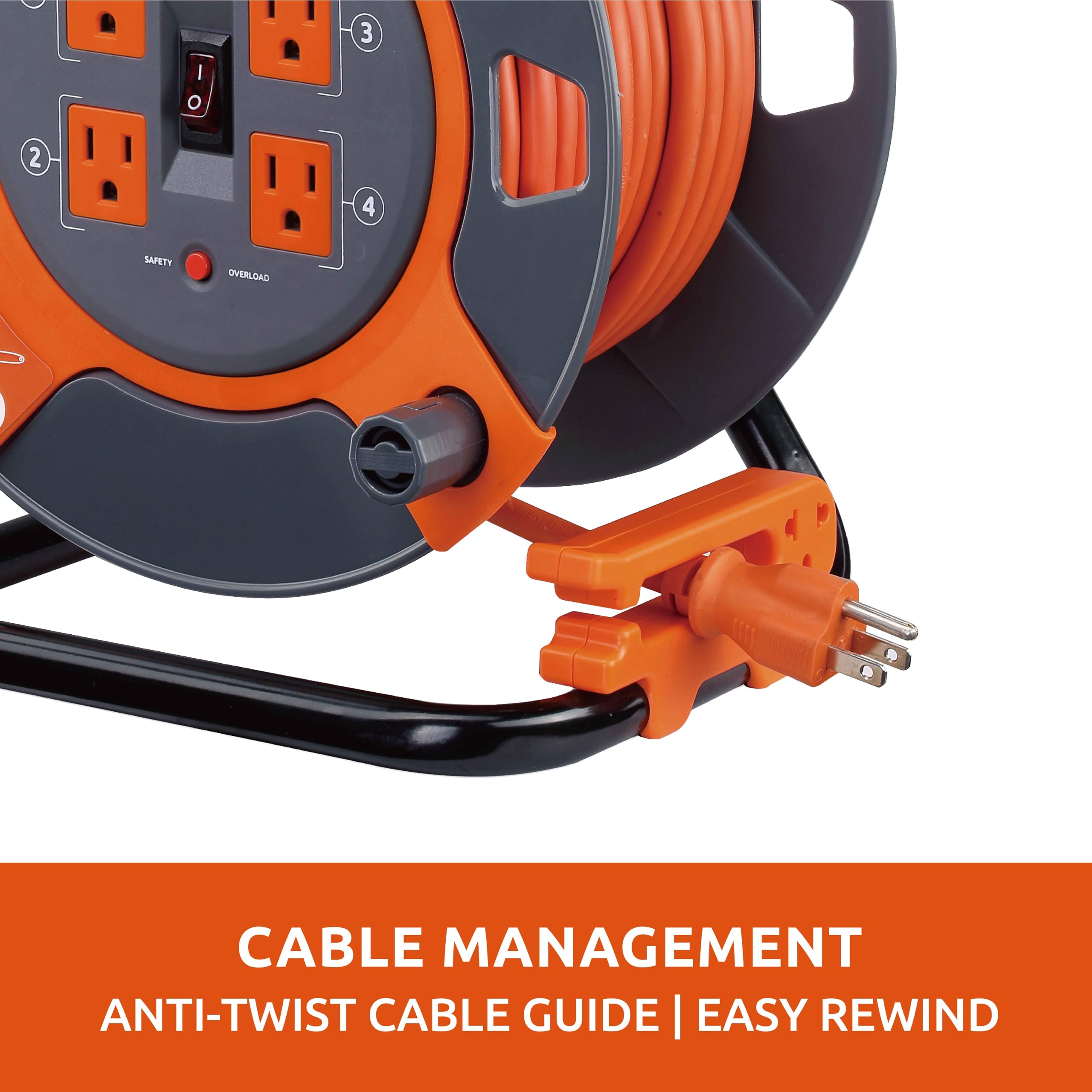 Link2Home Cord Reel 80 ft. Extension Cord 4 Power Outlets β 14 AWG SJTW Cable. Heavy Duty High Visibility Power Cord.