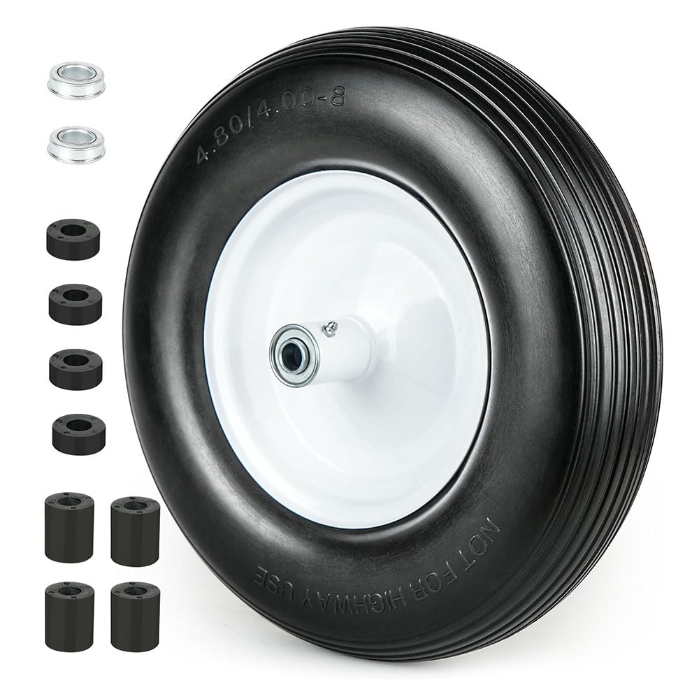 LotFancy 4.80/4.00-8” Flat Free Tire and Wheel, 16” Wheelbarrow Tire, 6” Centered Hub, 5/8” or 3/4” Bearings, Replacement for Wheelbarrows, Garden and Utility Carts, Trolleys, Wagon