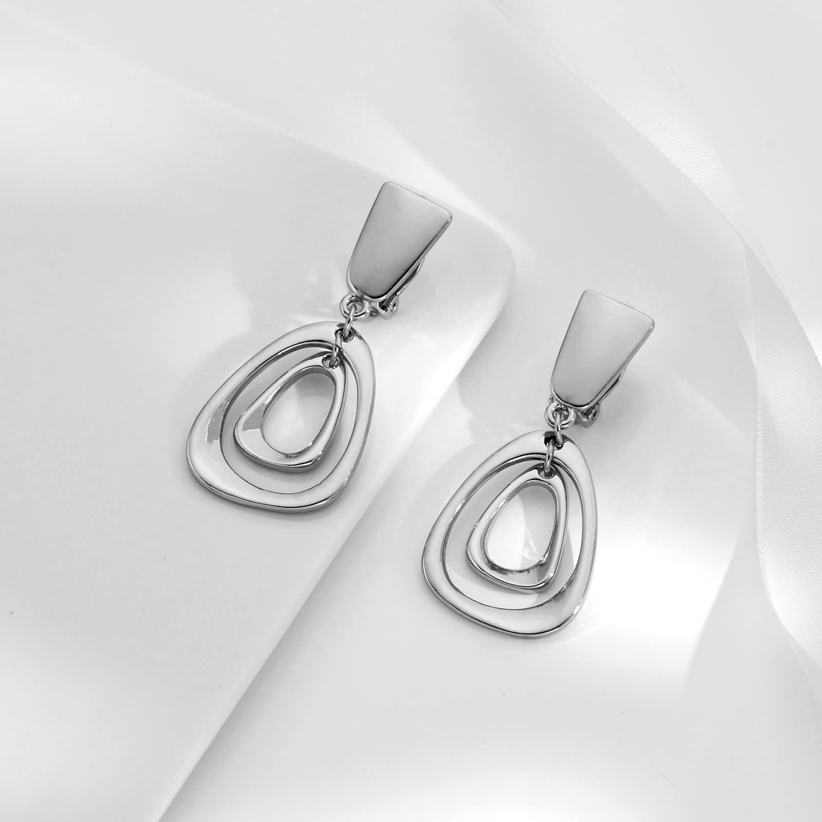 Silver Geometry Clip On Earrings Double Circle Drop Clip Earrings Fashion Earrings for Women