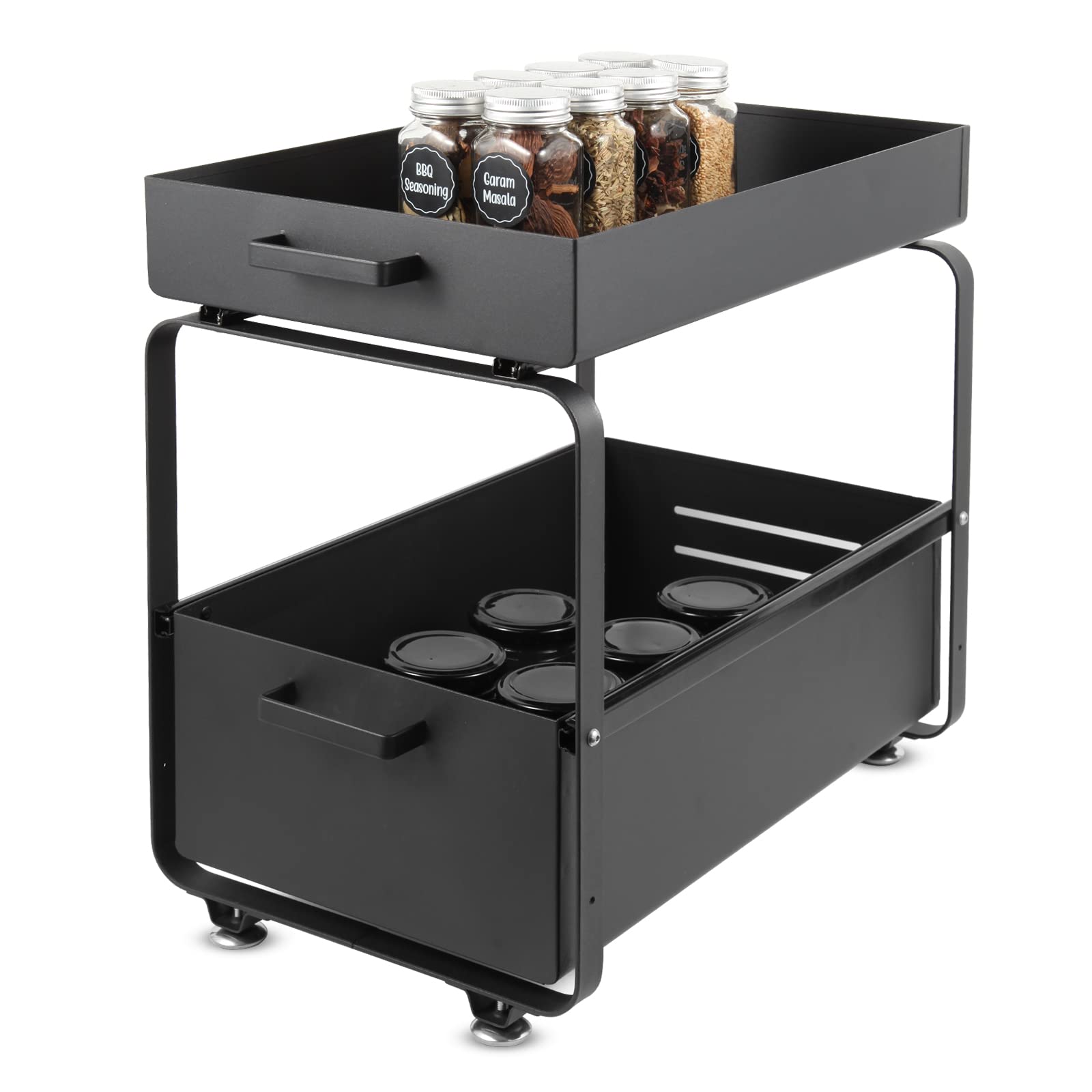 ruishetop 2-Tier Under Sink Cabinet Metal Organizer, Pull Out Cabinets Organizer Shelf, Sliding Basket Drawer Type Organizer Storage with Handle for Kitchen Bathroom Office Countertop (Black)