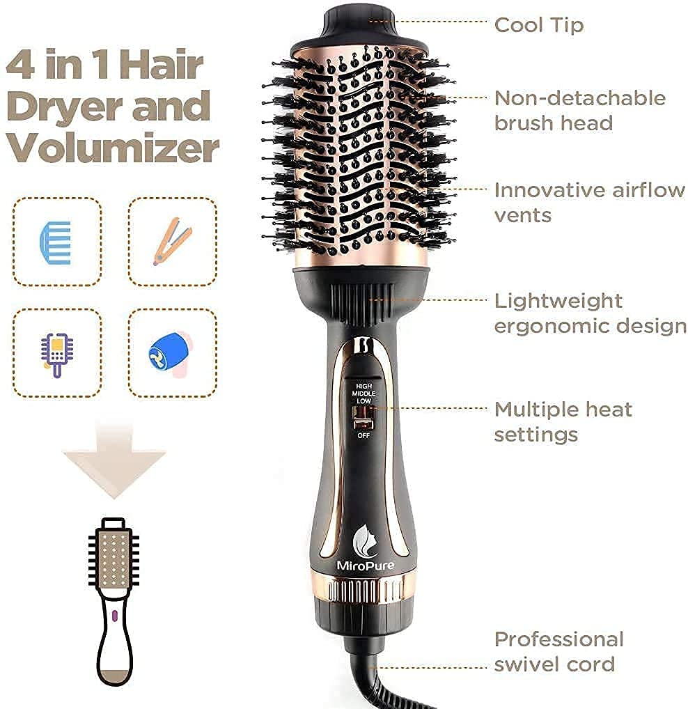 MiroPure Hot Air Brush One Step Hair Dryer & Volumizer for Straightening, Curling, Salon Negative Ion Styler Rose Gold