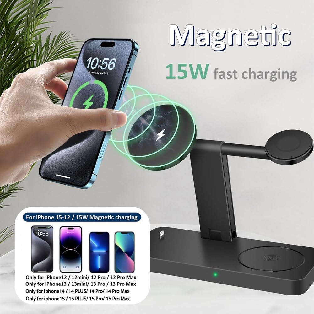 Magnetic Charging Station,PDKUAI for MagSafe 4 in 1 Fast Wireless Charger Stand for iPhone 15,14,13,12 Pro/Max/Mini/Plus, Apple Watch 9/8/7/6/SE/5/4/Ultra and Airpods Pro/3/2/1 with Adapter-Black