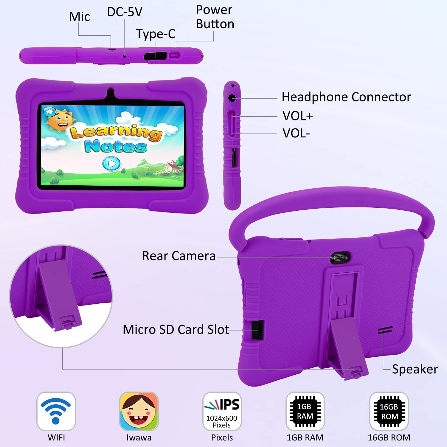Veidoo Kids Tablet, 7 inch Android Tablet PC, 1GB RAM 16GB ROM, Safety Eye Protection Screen, WiFi, Bluetooth, Dual Camera, Educational, Games, Parental Control APP, Tablet with Silicone Case(Purple)