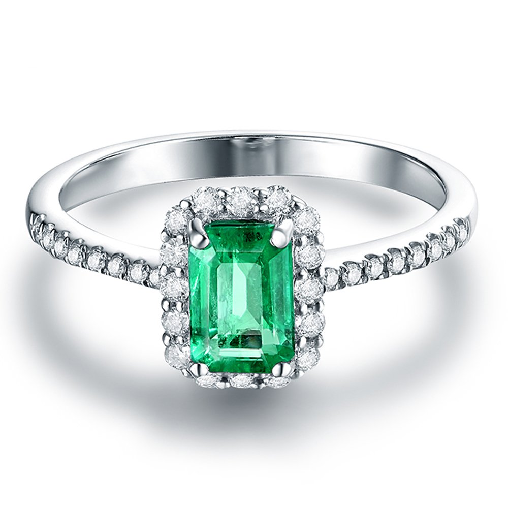 Lanmi 14K White Gold Natural Green Emerald Engagement Solitaire Rings Diamonds Wedding Band for Women Promotion
