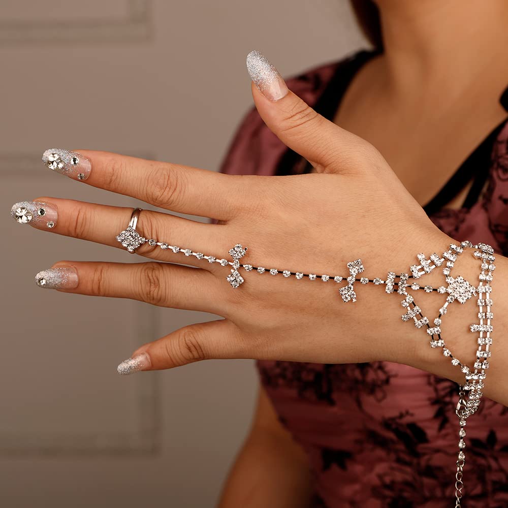 Rumtock Twisted Rhinestones Chain Sparkle Bracelet for Wedding Brides Bridesmaid Women Girls Boho Hand Chain with Finger Ring