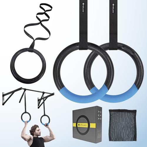 Rebuwo Professional Gymnastic Rings, Gym Rings with Straps, Pull Up Rings, Non-Slip Gymnastic Rings, Pull up Rings with Straps, Gymnastic Rings with Adjustable Straps
