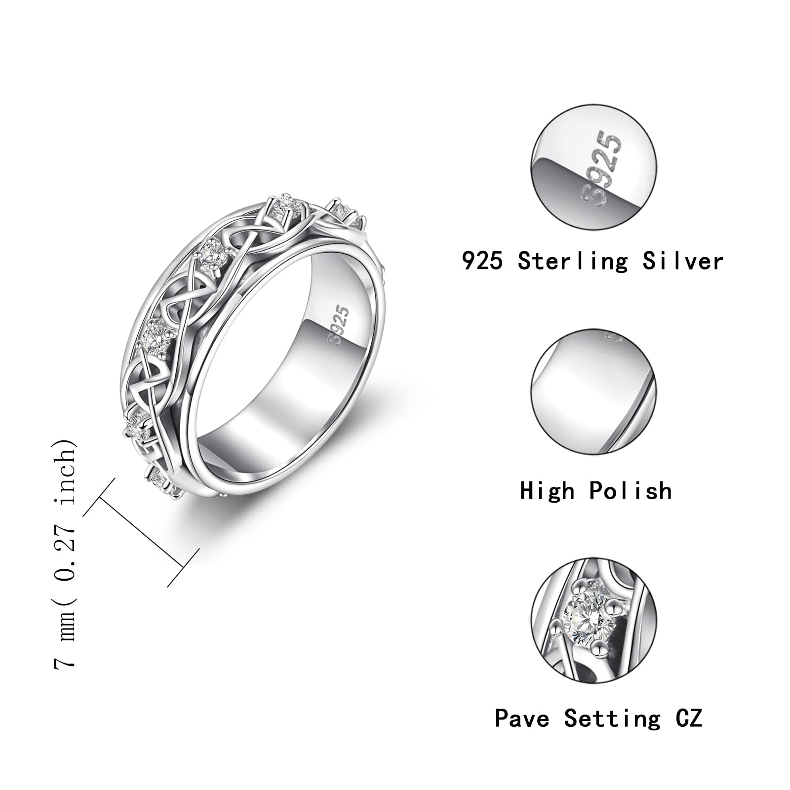Sterling Silver Celtic Spinner Ring - Women Spinning Rings for Anxiety Jewelry Relief Stress Fidget Band Rings (10)