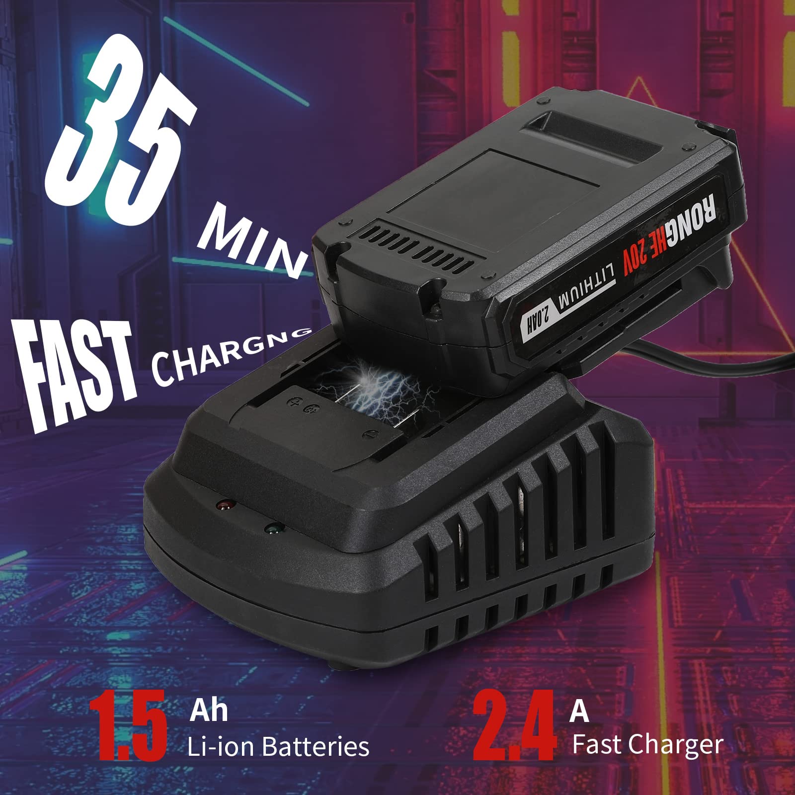Ronghe 20V Brushless Cordless Drill, Max torque 442 In-lbs,20+3 Torque setting 3/8โ Automatic Chuck, equiped with 34 pcs Drill bit set, Battery and Fast charger for Home improvement & DIY project