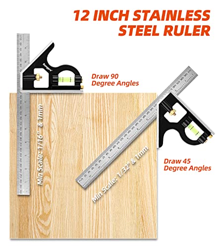 RONGPRO Rafter Square and Combination Square Tool Set, 7 Inch Triangle Carpenter Square Die-cast Aluminum Alloy and 12 Inch Zinc-Alloy Die-Casting Combo Square Ruler - Rafter Square Layout Tool