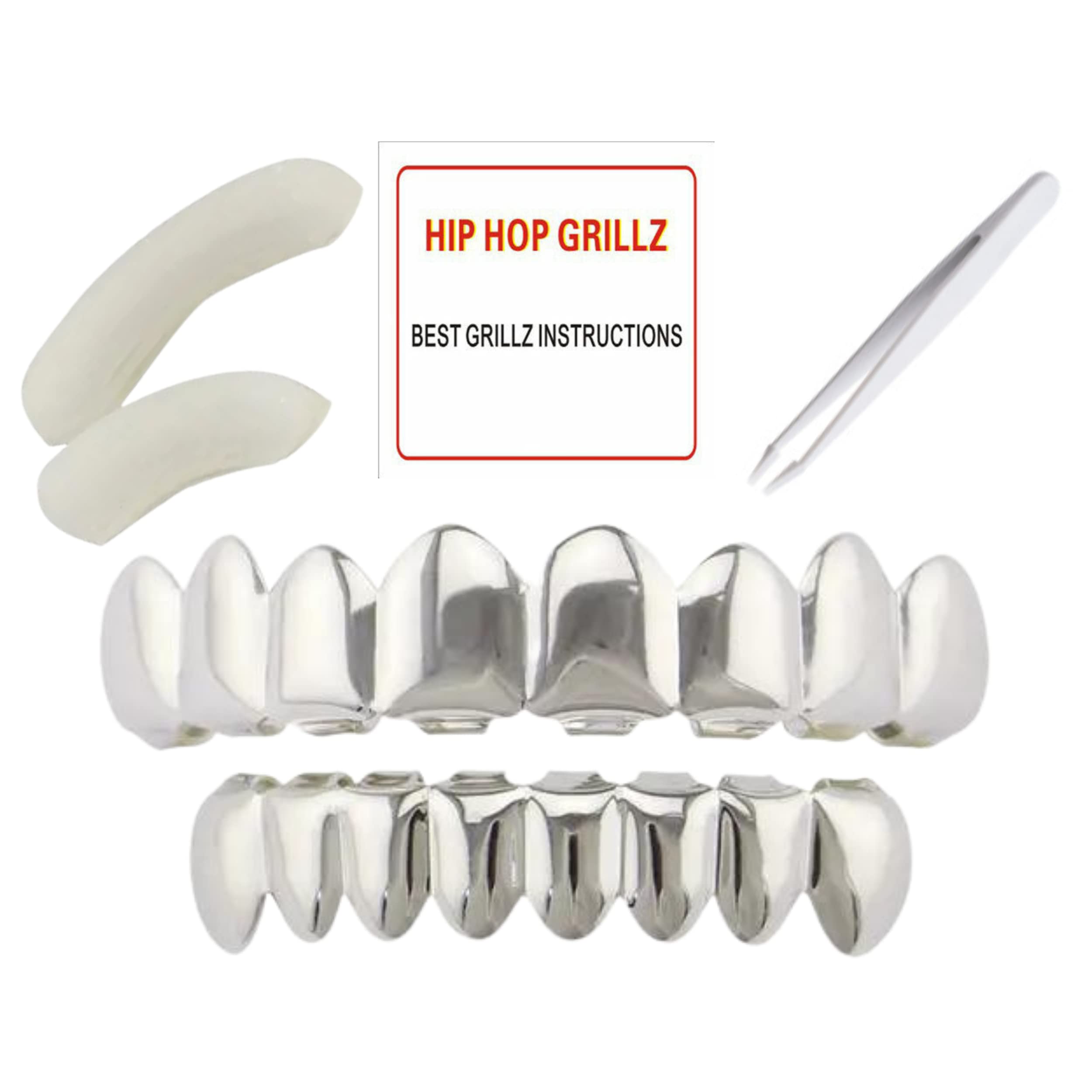 Silver Plated Solid Hip Hop Grillz 12 Piece Set - 6 Top 6 Bottom - Molding Bar, Tweezers & Instructions Included - Teeth Rapper Costume Cosplay
