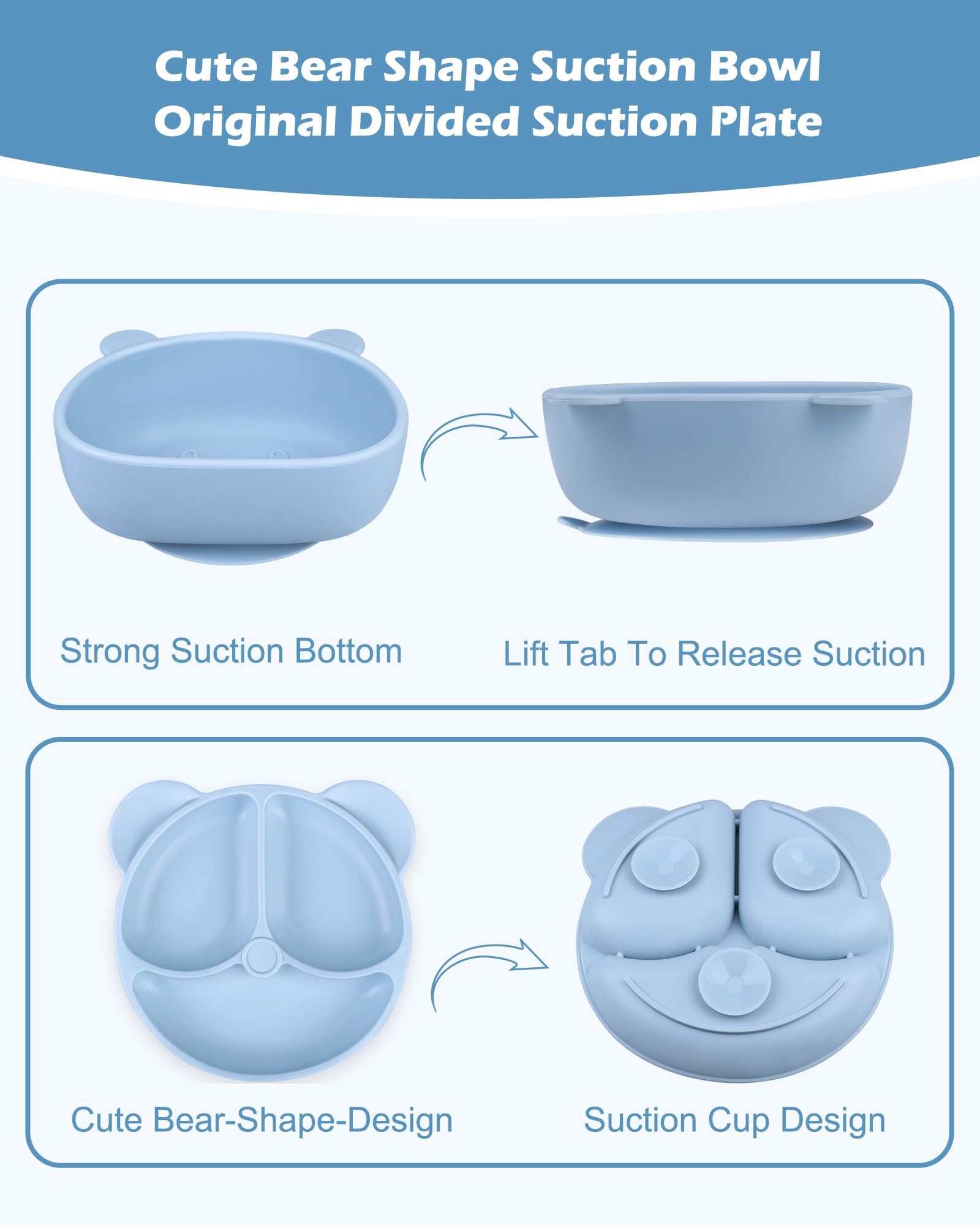 OFUN 8 Pack Silicone Toddler Feeding Set, Baby Led Weaning Supplies with Adjustable Bib, Divided Suction Plate, Bowl and a Sippy Cup, with 2 Spoon, 2 Folk, Eating Utensil for 6+ Months