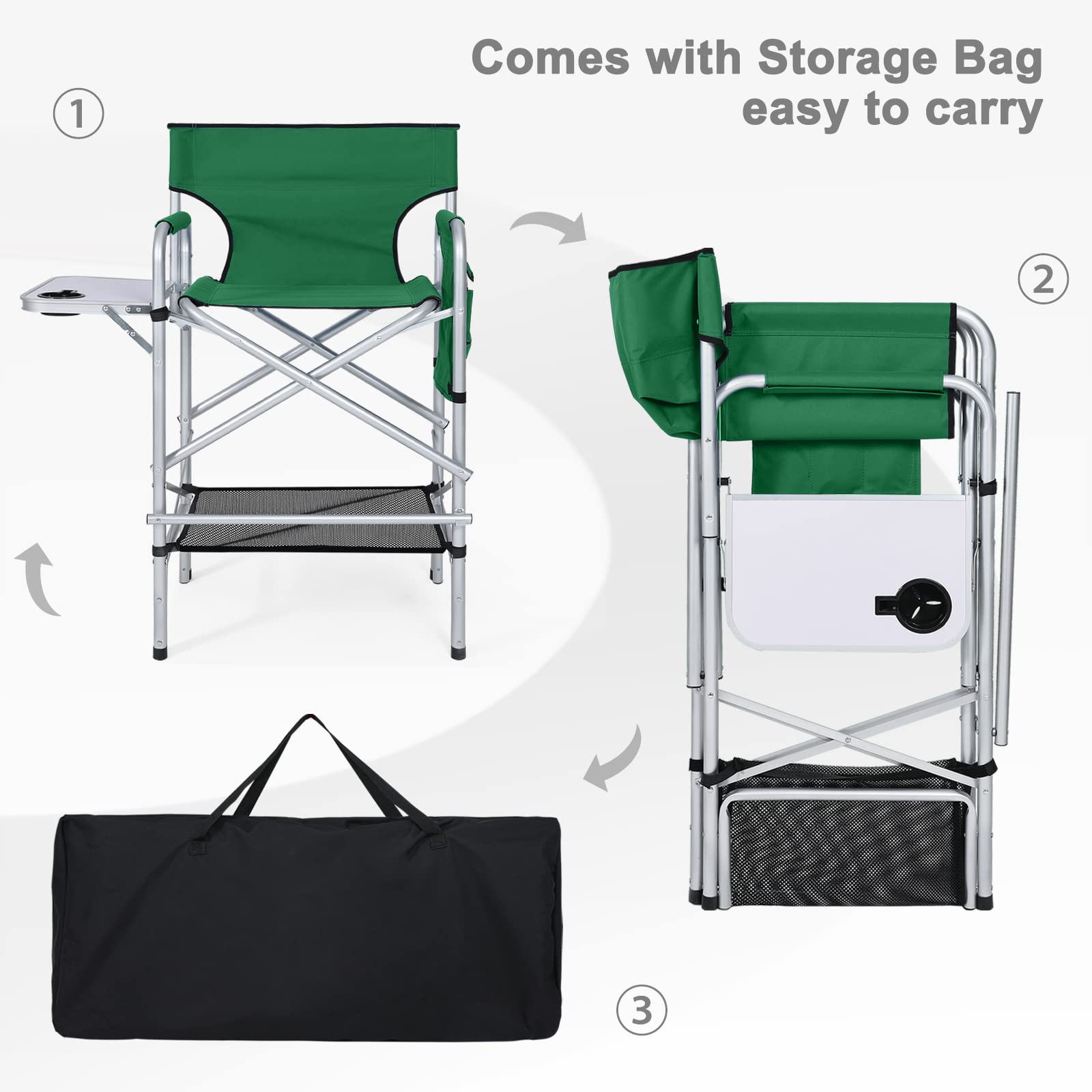 MASTERCANOPY Camping Chair Heavy Duty, Folding Directors Chair, High Rocking Chair Outdoor, Padded Set with Table Attached, Oversized (Green)