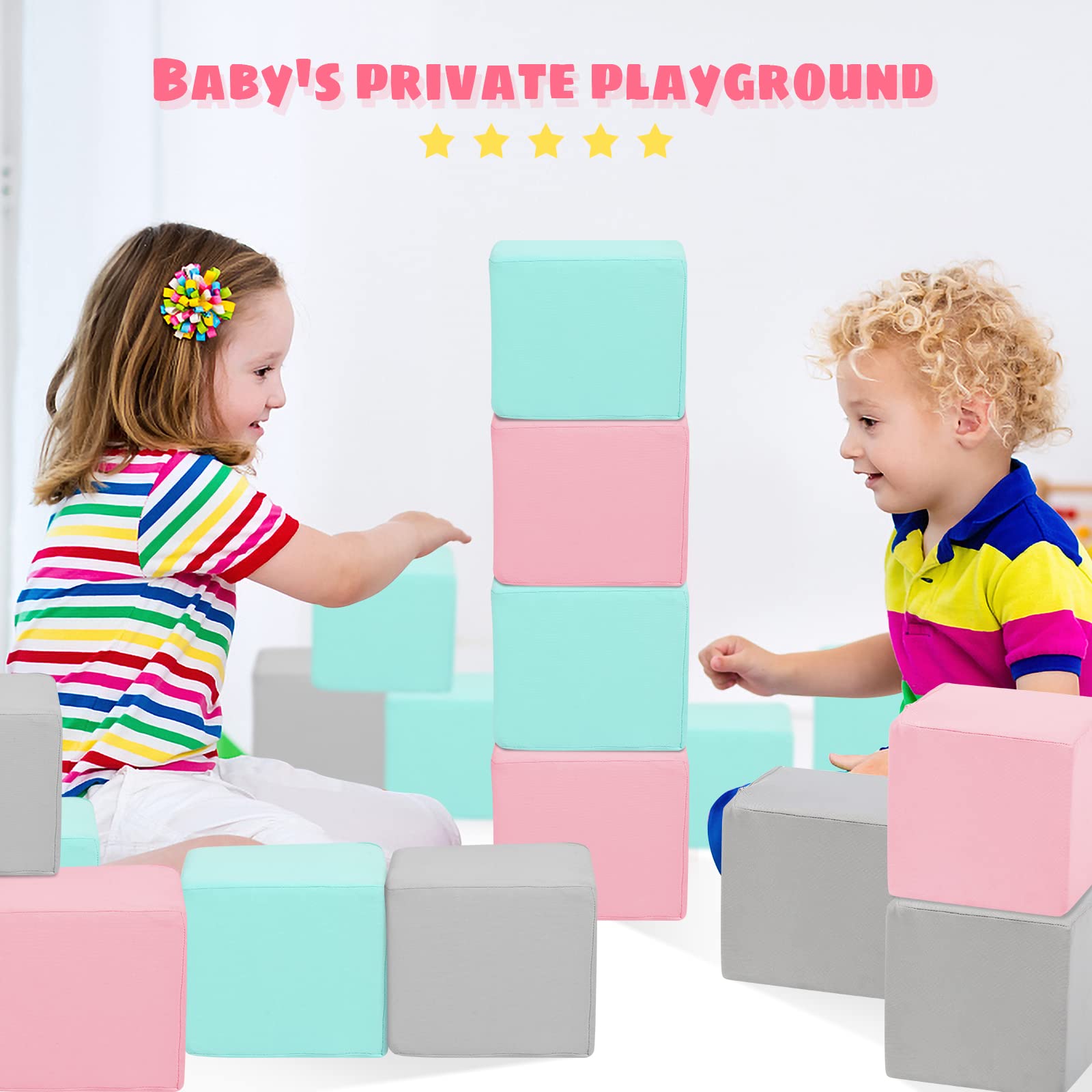 TRENDBOX 6 Pcs Toddler Foam Blocks, 5.5inch Soft Foam Cubes Blocks with Detachable Washable Cover, Soft Play Blocks for Toddlers and Kid (Light Gray/Pink/Blue)…