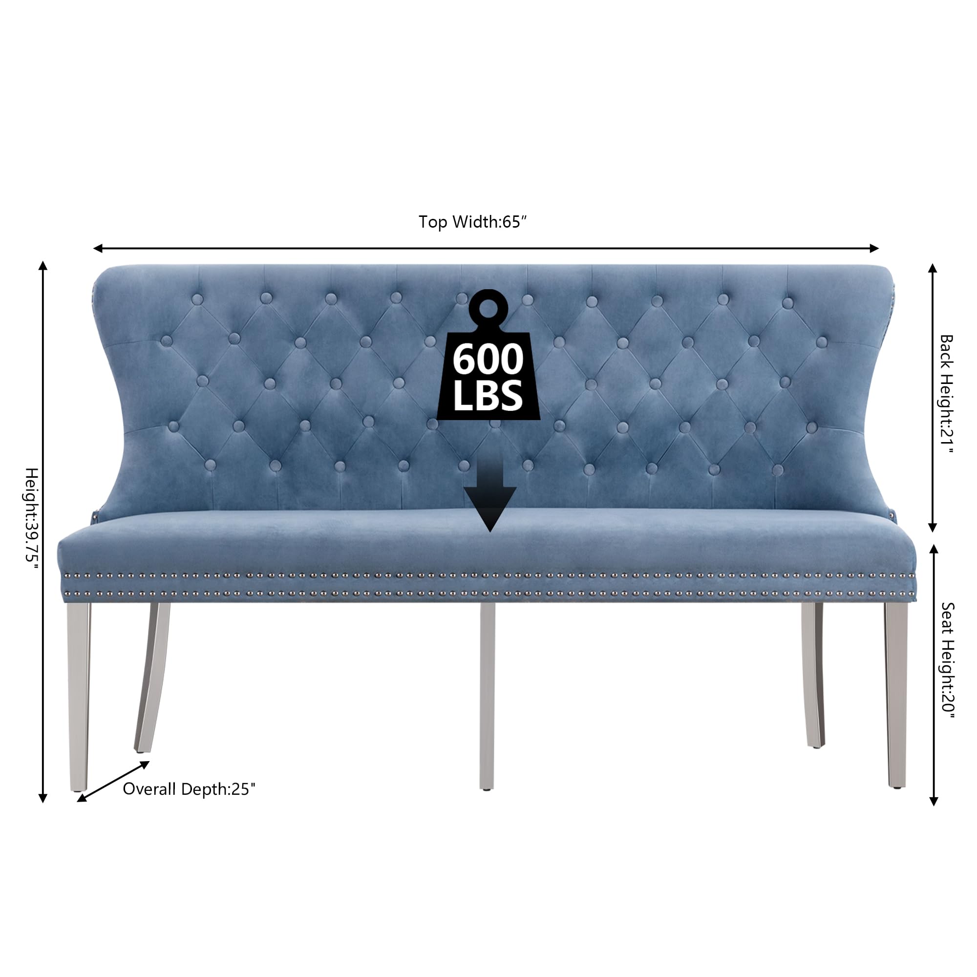 LOULENS 65'' Upholstered Velvet Settee Bench 3 Seater, Modern Tufted Banquette Bench with Back, Accent Loveseat Sofa with Stainless Steel Leg for Dining, Living Room (Blue)