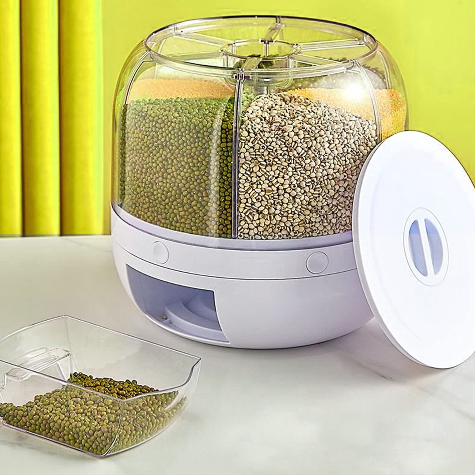 SABUIDDS Rotating Grain Dry Food Dispenser Countertop - 6 Grids Cereal Tank Dispenser for Lentils, Rice, Beans - Kitchen Pantry Storage Container- Max 10kg/22 lbs Capacity - White