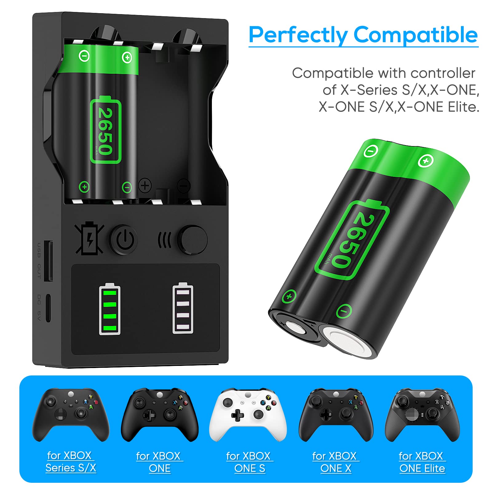 Rechargeable Battery Packs for Xbox Series X/S Controllers, 2 X 2650mAh High Capacity Batteries with charger Stand, 2 in 1 Battery Packs with LED Indicator Charging Accessories for Xbox Series X/S