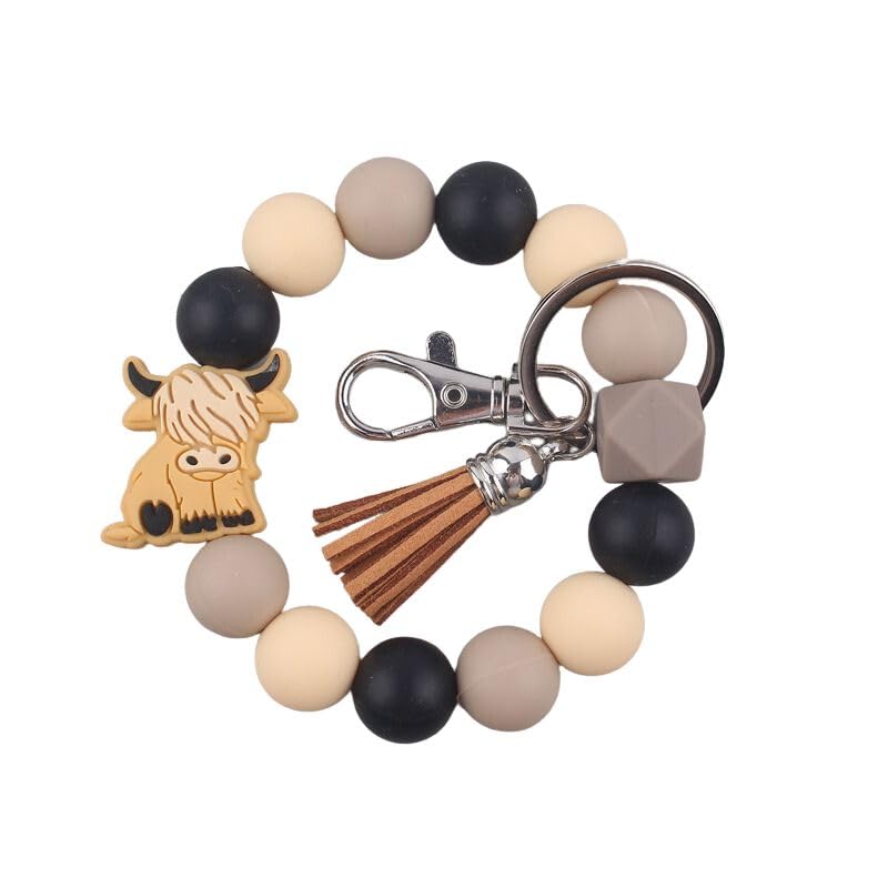 tenghong2021 Cute Highland Cow Keychain Elk Goat Wristlet Cattle Gifts Tassel Key Ring Bead Bracelet for Women (Yak(Khaki))