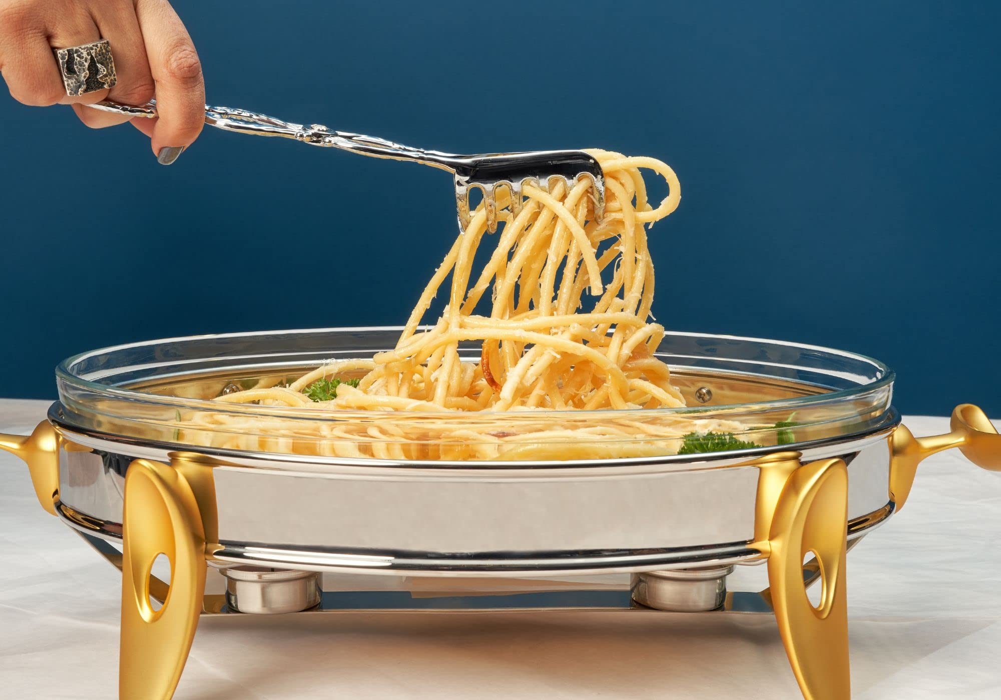Rigeli Regent O2 Stainless Steel 3 Lt. Oval Warmer with Stainless Steel Cover, Chafing Dish, Buffet Servers, Gold, Silver