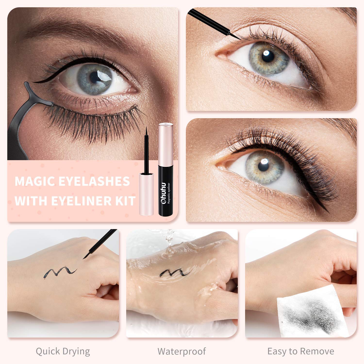 Magnetic Eyelashes with Eyeliner Kit, Ohuhu 12 Pairs Different Reusable 5D Magnetic Eyelashes with Magnetic Eyeliner Tweezer Magnetic False Lashes Natural Look No Glue Needed